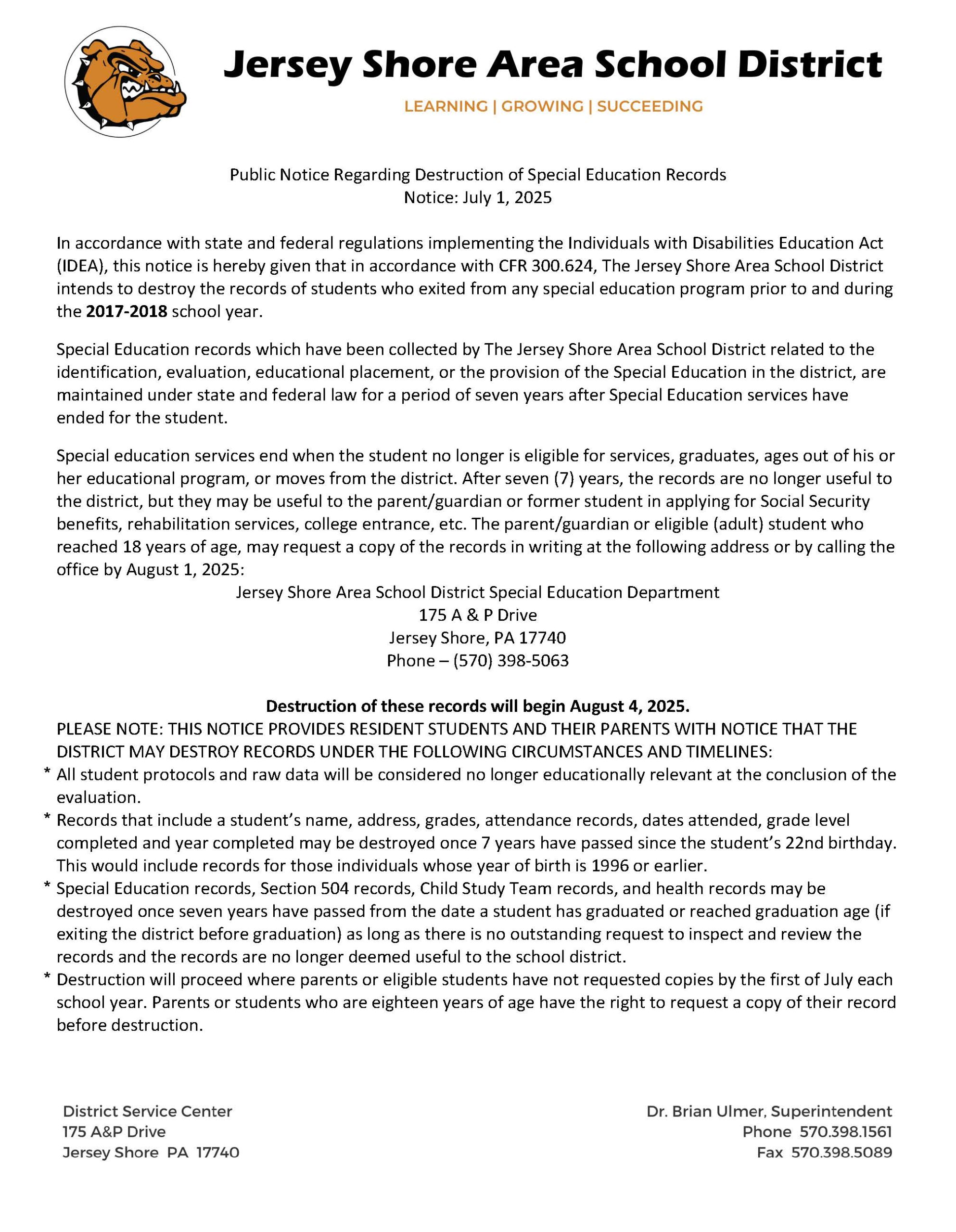 Public Notice Regarding Destruction of Special Education Records ...